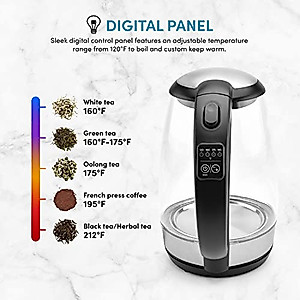 Aroma Housewares 7-Cup Digital Glass Electric Kettle with Cordless Pouring, One-Touch Operation, Automatic Shut-off (AWK-162BD), Transparent Glass, 1.7 Liter