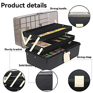 WEWLINE 13-Inch Art Storage Box 3-Layers Plastic Storage Box with Handle Craft Art Bin Portable for Home School Office Travel, Black