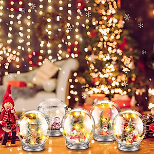 Liliful 24 Sets Lighted DIY Snow Globe Christmas Clear Plastic Snow Globe Kit with Christmas Tree Faux Snow Flake Artificial Pine Cone Santa Claus Snowmen Reindeer Stocking House for Xmas DIY Crafts