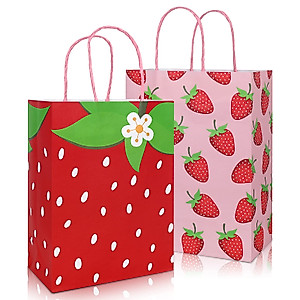 Whaline 24 Pack Strawberry Gift Bags with Handles Red Pink Paper Goody Bags for Party Berry Sweet Birthday Baby Shower Decoration