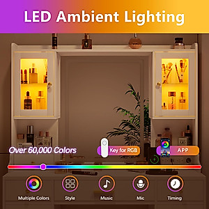 White Vanity Desk with Mirror, Lights and Charging Station - Large Makeup Table Set with RGB Cabinets and 3 LED Light Modes