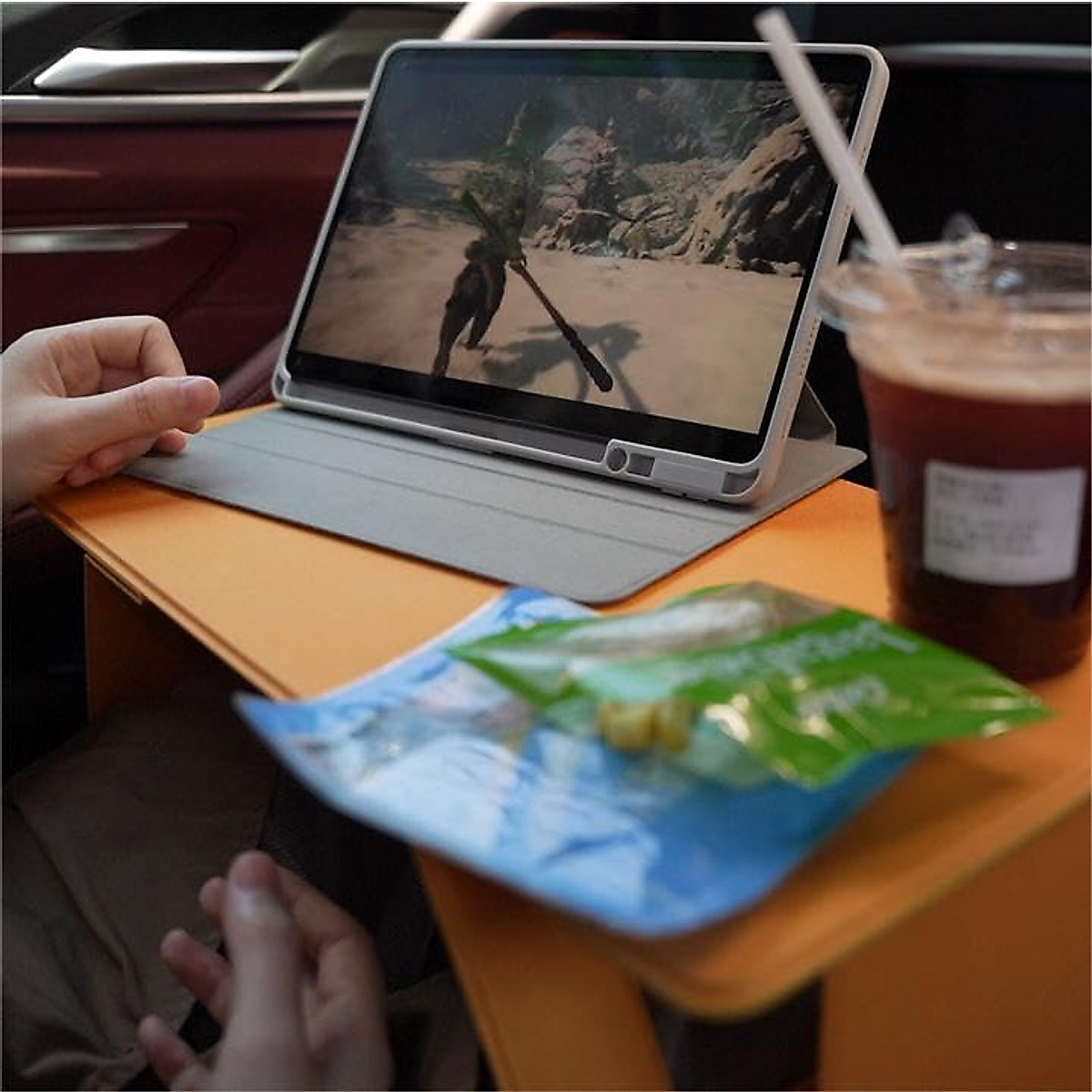 iSwift Pi Travel Lap Desk 6 in 1 Adjustable Foldable Car Food Tray Back Seat Laptop Table Perfect for Eating, Business Work, Airplane, Road Trips, Drive-in Movies-Orange