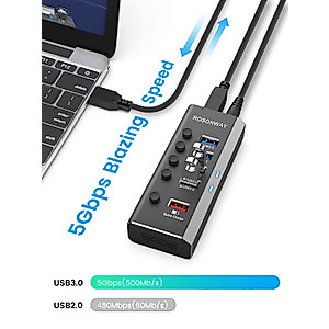 Powered USB Hub Rosonway Aluminum 5 Port USB Hub Expander with 4 USB 3.0 Data Ports and 1 Fast Charging Port, USB Hub 3.0 Splitter with 24W(12V/2A) Power Adapter and Individual Switches (RSH-A35)