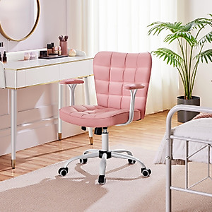 Yaheetech Mid Back Faux Leather Office Chair Adjustable Tilting Vanity Chair Modern Upholstered Desk Chair Task Chair with Detachable Padded Armrests for Home/Office,Pink