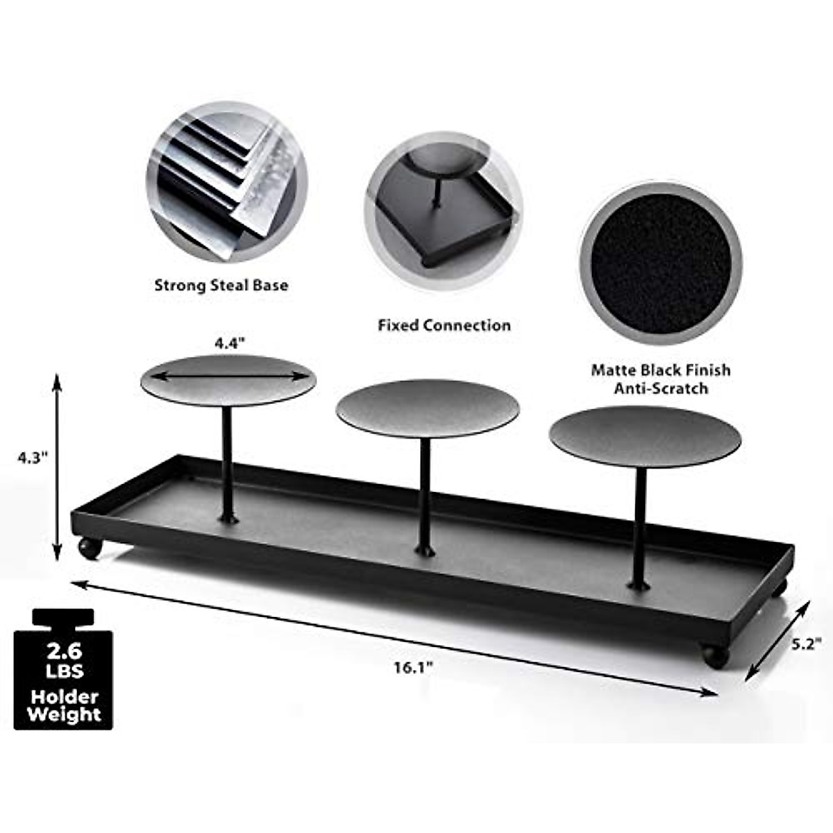 Candles Pillar Holder Tray Black Metal Base for Desk Top Decoration Table or Mantel Centerpiece in Dining & Living Room, Candelabra for Pillar & Sphere Candles, flameless LED (Set of 3)