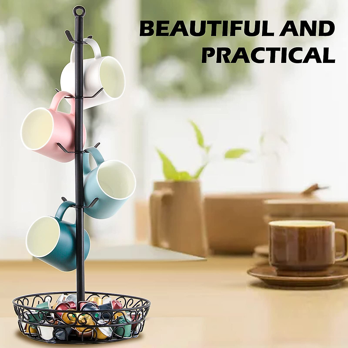 Coffee Mug Holder Stand with 8 Rotatable Hooks, Capsule Storage, Multipurpose Mug Holder, Coffee Station Organizer, Mug Tree for Kitchens, Offices, Parties & More, Black, 10.2(L)x10.2 (W)x24.4(H)inch