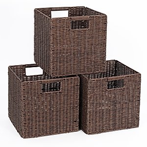 Brown Wicker Storage Basket, 10.5x10.5 Cube Woven Wicker Storage Basket for Shelves, Set of 3 Square Baskets for Shelf, Storage Cube Bins, Wicker Cube Baskets Foldable