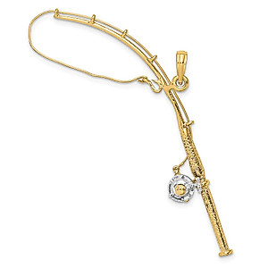 FB Jewels 14k White and Yellow Two Tone Gold 3D Fishing Pole with white Reel Moveable Pendant