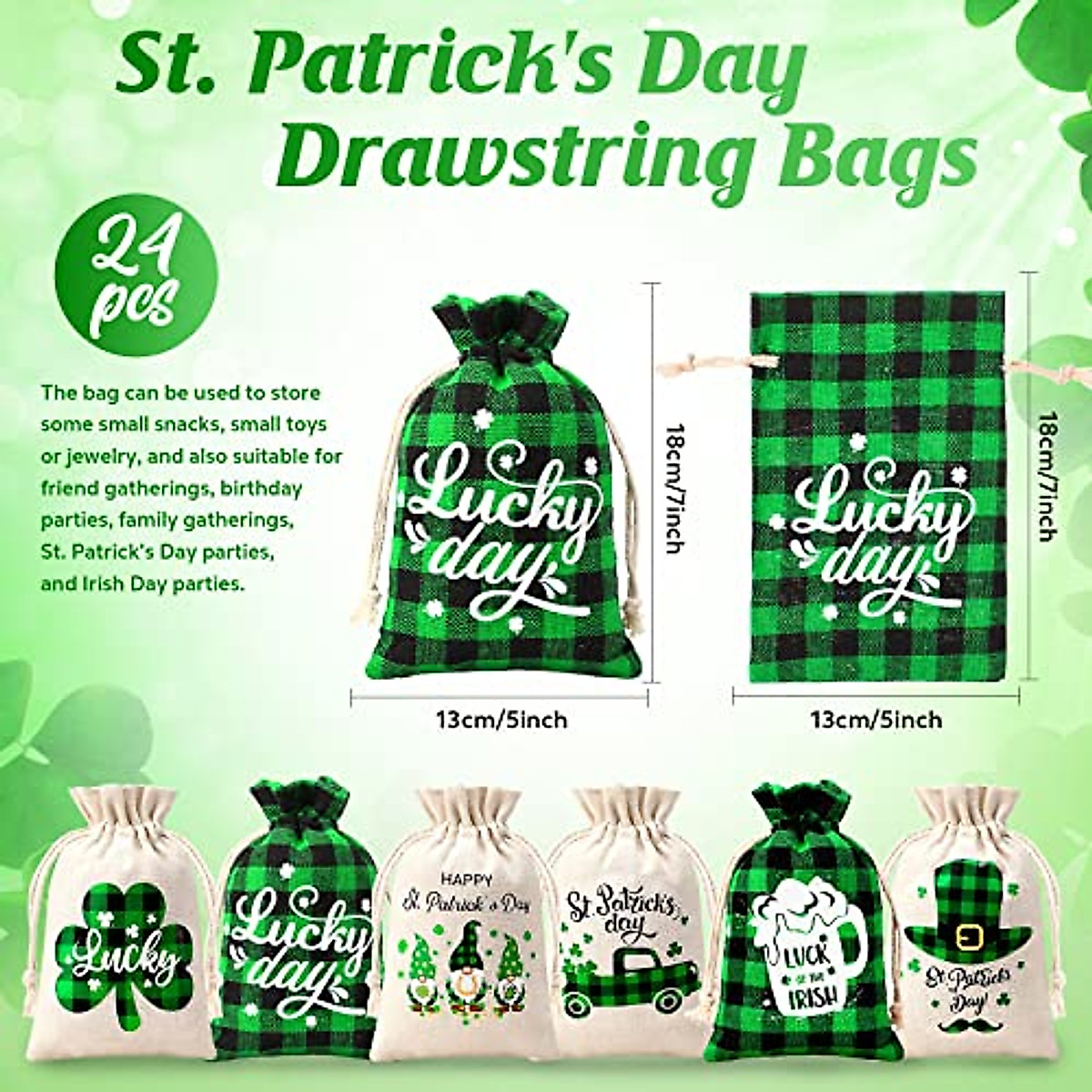 24 Pcs St Patrick's Day Gift Bag with Drawstring Shamrock Cotton Treat Bags Candy Pouch Sacks Irish Party Favor Bag Green Plaid Pouch Bag for Saint Patrick's Day Irish Party Supplies (5 x 7 Inch)
