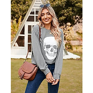 Blooming Jelly Women's Halloween Sweatshirts Skull Graphic T Shirts Long Sleeve Pullover Gothic Fall Trendy Outfits 2024 (Large, Grey)