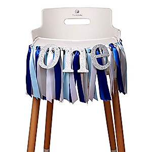 Blue White and Silver High Chair Banner - Baby Boy First Birthday Banner. Smash Cake Photo Props Birthday Party Decoration. 1st Birthday Photo Background. (Blue) (Blue Ribbon Banner)