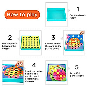 TINOTEEN Button Art Toy for Toddlers,Toddler Activities Crafts Color Matching Early Learning Educational Mosaic Pegboard 50 Buttons and 18 Pictures