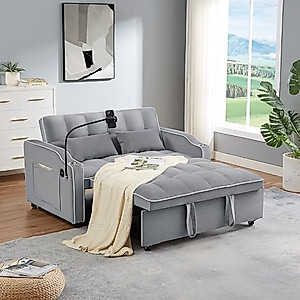 ERYE Modern Convertible Futon Loveseat Sofa with Pull Out Sleeper Couch Bed, Upholstered 2 Seaters Adjustable Backrest Love Seat W/Cupholders,USB Port & Phone Holder for Apartment Office Living Room