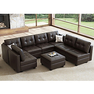 HONBAY Modular Sectional Couch with Storage, U Shaped Couch with Ottomans and Chaises Faux Leather 8-Seater Sectional Sofa for Living Room, Brown