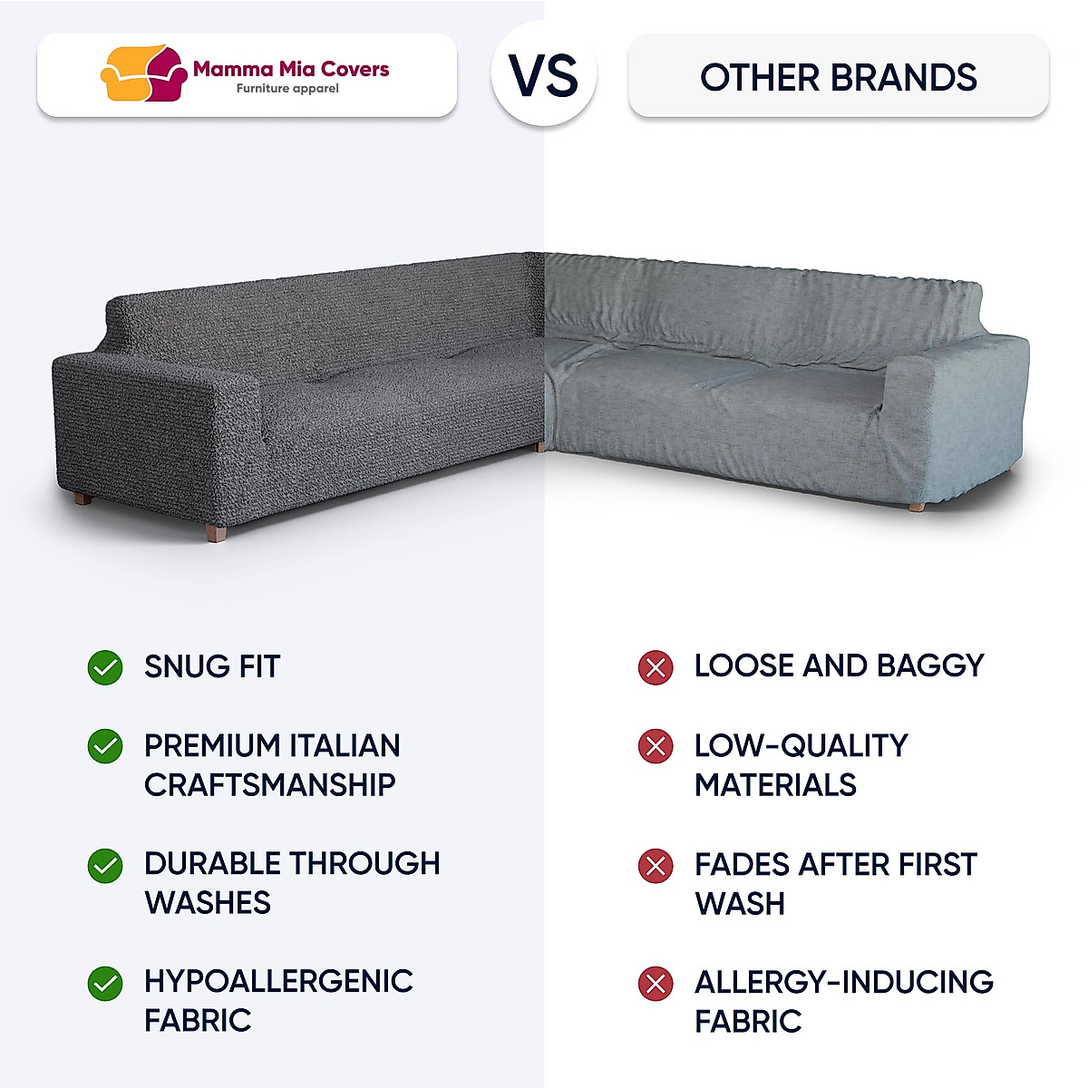 PAULATO BY GA.I.CO. Corner Sectional Couch Cover - Extra Large L-Shape Couch Slipcover - Washable Polyester Sofa Covers - 1-Piece Form Fit Furniture Protector - Microfibra - Ash (Corner Sofa)