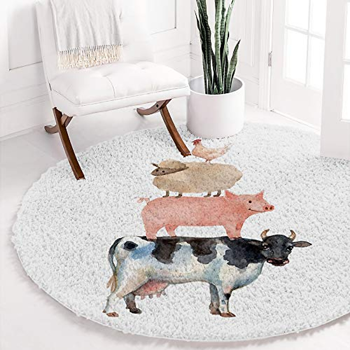 Shag Area Rug, 3ft Indoor Round Area Rugs- Cow Pig Sheep Chicken Farmhouse Animal Pattern Shaggy Carpet Nursery Rug for Kids Baby Bedroom Living Room Home Decor