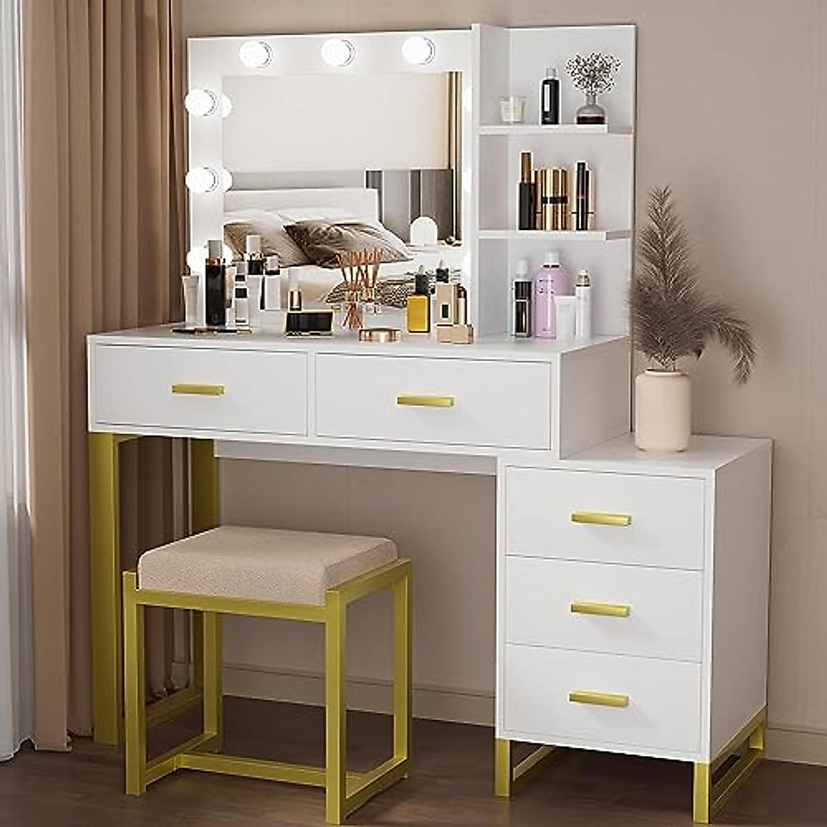 Hsozptry Makeup Vanity Desk with Mirror and Lights,Makeup Vanity Table Set with 5 Drawers,Cushioned Stool and Lightings, 45.51 inch Dressing Table for Bedroom Women Girls