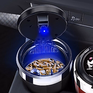 Surakey Car Ashtray Portable Automatic Ashtray with Lid LED Lights Creative Metal Liner Mini Car Trash Can Detachable Windproof Car Multifunctional Smokeless Ashtray for Outdoor Travel (Green)