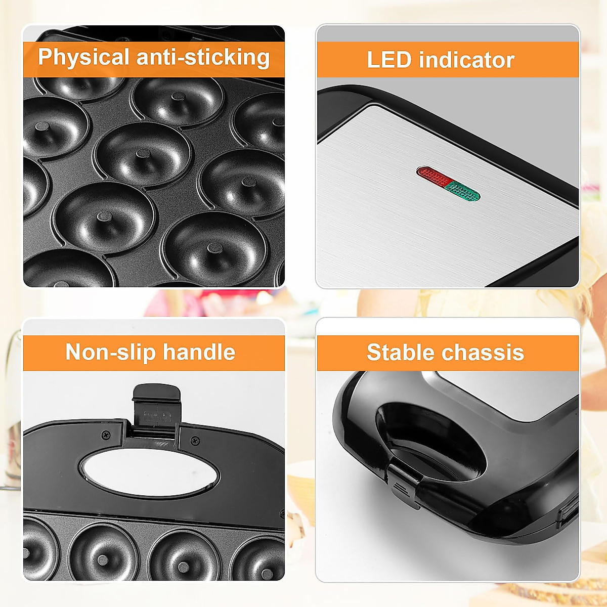 Mini Donut Maker Machine for Home, Kid-Friendly 16-Hole Electric Doughnut and Pancake Maker with Non-Stick Surface, Ideal for Homemade Doughnuts (Black with 1 Pair Mini Oven Gloves & Brush)