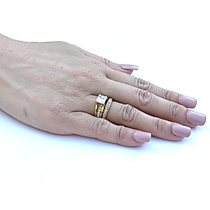 Couples Ring Set Womens 14K Gold Plated Stainless Steel Princess CZ Engagement Ring Mens Gold Plated Flat Wedding Band- Size W10M12