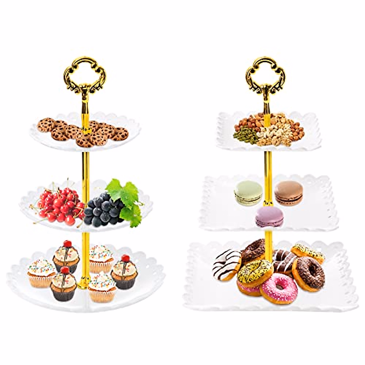 Jucoan 4 Pack 3-Tier Cupcake Stand, Plastic Tiered Serving Tray, White Embossed Dessert Display Tower for Wedding, Birthday Baby Shower, 2 Round, 2 Square