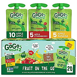 GoGo squeeZ Fruit on the Go Variety Pack, Apple Apple, Apple Banana, & Apple Strawberry, - Tasty Kids Applesauce Snacks - Gluten Free Snacks for Kids - Nut & Dairy Free - Vegan Snacks, 3.2 Ounce (Pack of 20)