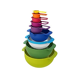 Joseph Joseph Nest 9 Plus, 9 Piece Compact Food Preparation Set with Mixing Bowls, Measuring cups, Sieve and Colander, MultiColor