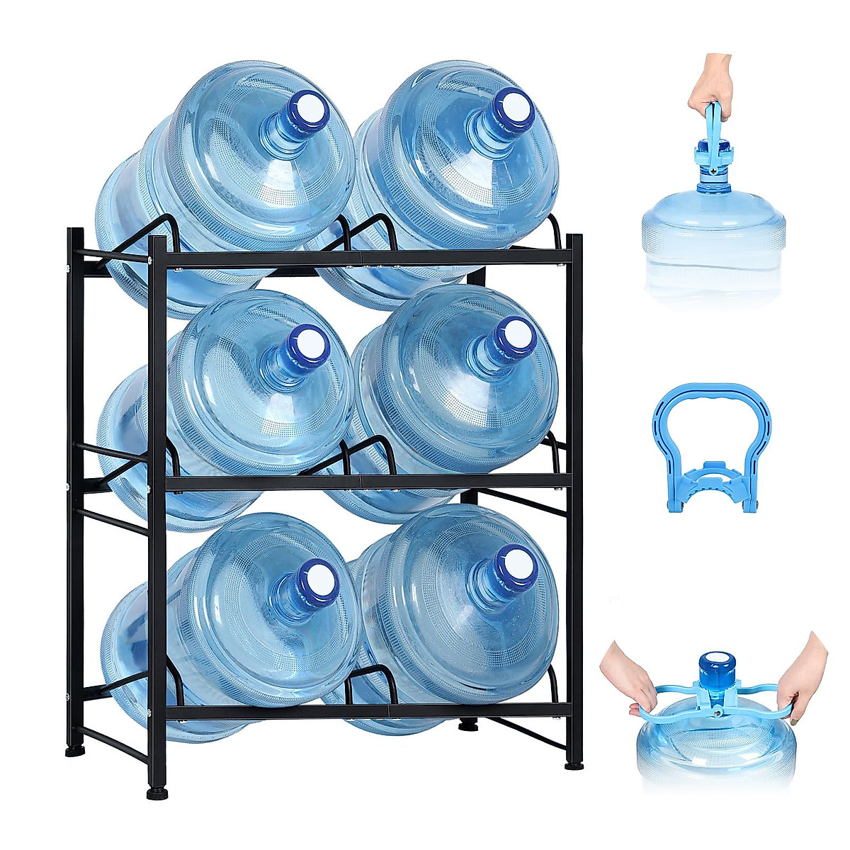 5 Gallon Water Bottle Holder, 3 Tier Water Jug Rack, Water Cooler Jug Rack for 5 Gal Water Bottle, Water Jug Dispenser Stand, Heavy Duty 5 Gallon Water Jug Stand for 6 Bottles with Lifter