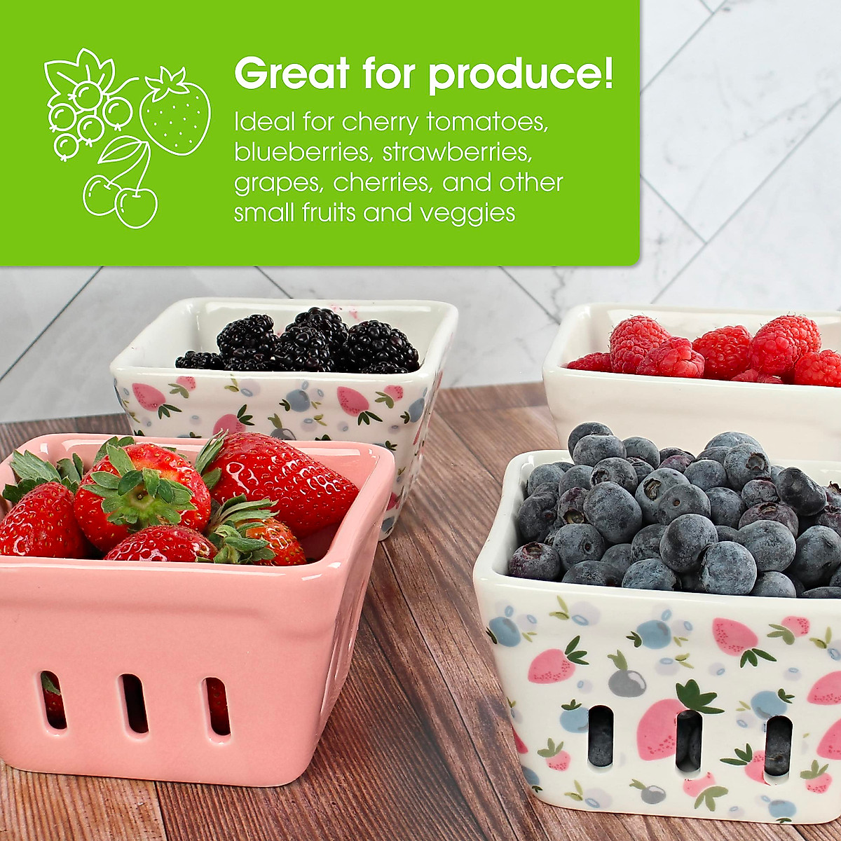 7Penn Ceramic Berry Basket Colander Fruit Bowl, Set of 4 - Decorative Ceramic Fruit Carton for Produce Storage