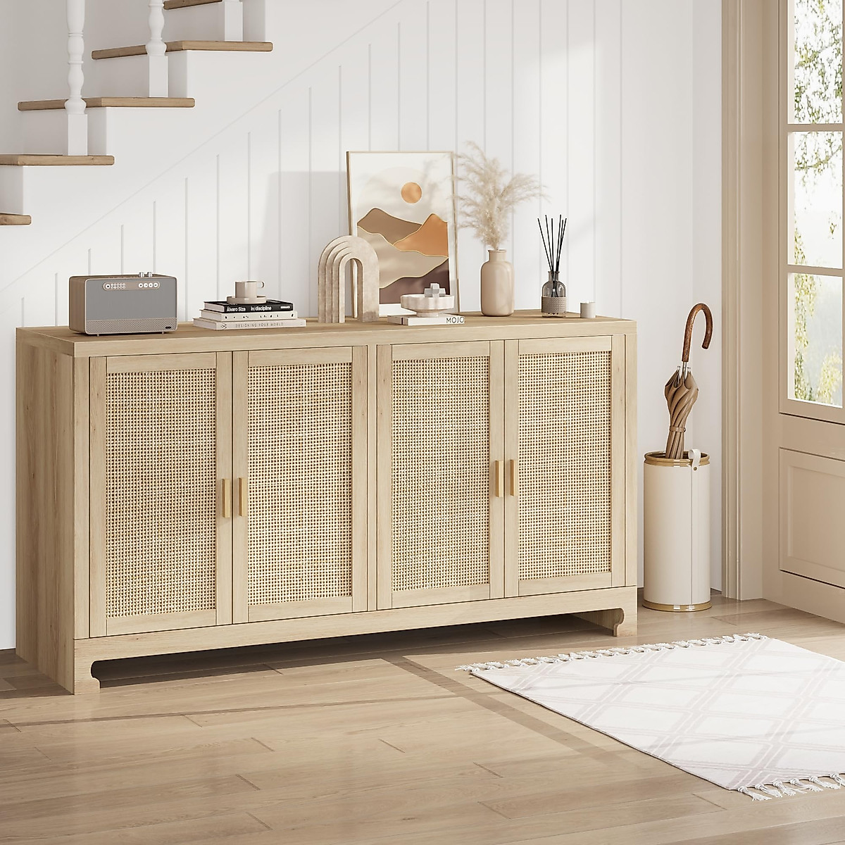 Rattan Accent Storage Cabinet with 4 Doors and Shelf - Modern Console Coffee Bar Cabinet for Dining Room, Kitchen, Living Room, Entryway Home Decor