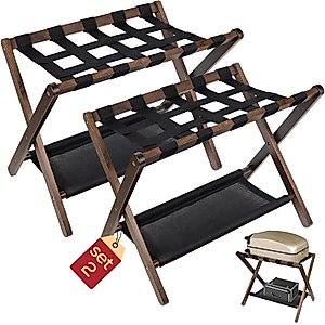 Luggage Rack for Guest Room, Folding Suitcase Stand for Guest Room with Storage Shelf for Hotel/Guest/Bedrooms, Heavy-Duty Holds up to 130Lbs, Upgraded Suitcase with 7 Nylon Straps with A Grid Pattern (Walnut Color - Pack of 2)