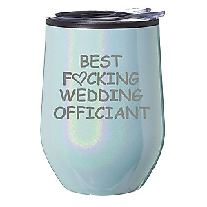 Stemless Wine Tumbler Coffee Travel Mug Glass With Lid Gift Best Fcking Wedding Officiant Funny (Blue Glitter)