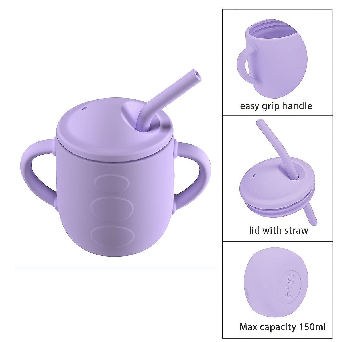 Linshuma Silicone Baby Training Cup, Toddler Straw Sippy Cup, Kids trainer Cup Spill & Non-Slip with 2 Handles BPA Free, Open Cup for 6 months+ Babies Cute 150ML Purple