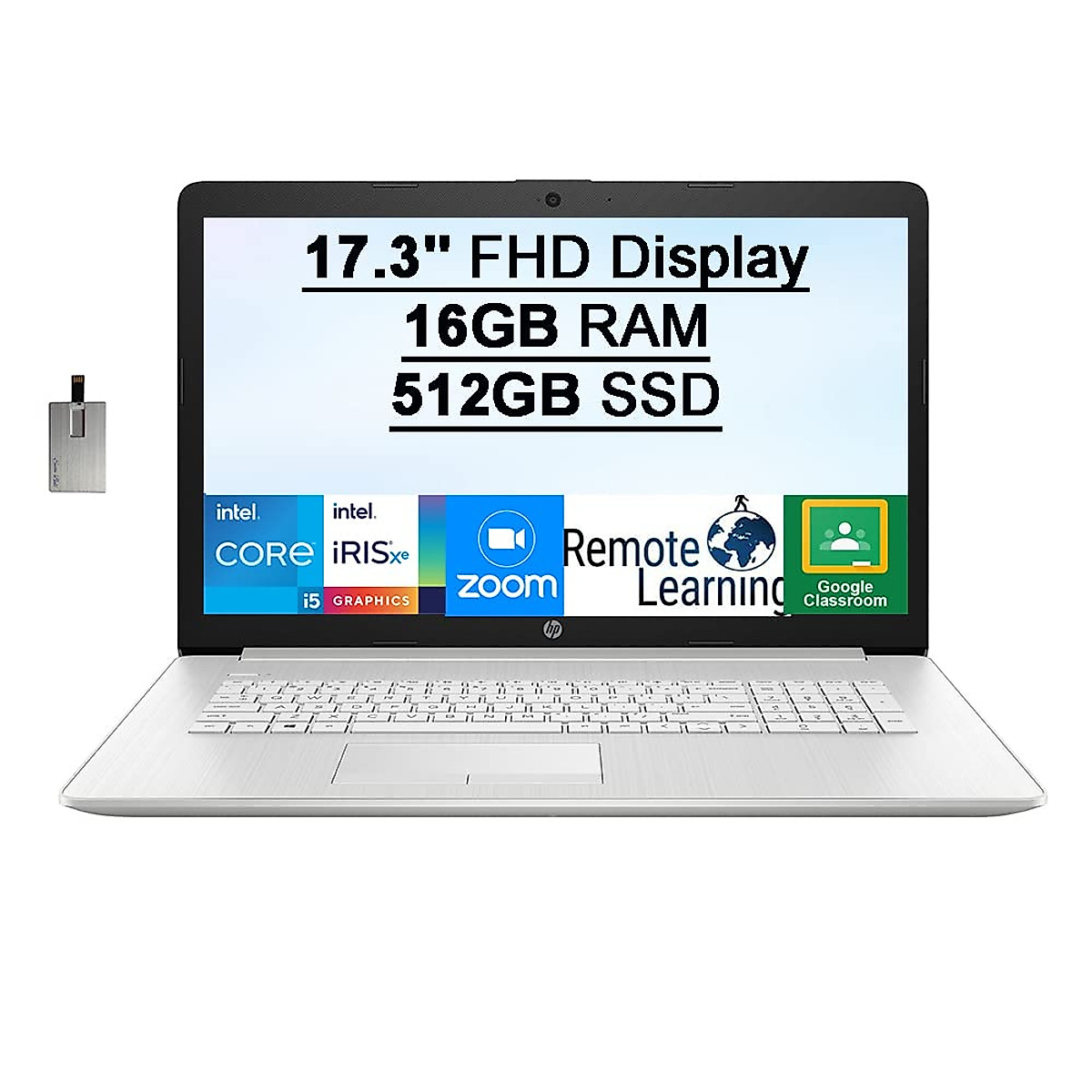 HP 17.3 FHD Laptop Computer, Intel Core i5-1135G7 Processor(> i7-1065G7), 16GB RAM, 512GB PCIe SSD, Backlit Keyboard, Intel Iris Xe Graphics, HD Webcam, Win 10, Silver, 32GB Hotface USB Card