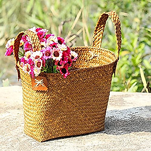 UXZDX Natural Straw Basket Trash Basket, Handmade, Practical Storage Basket with Handle