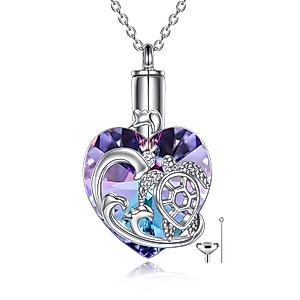 YFN Heart Crystal Urn Necklace for Ashes Cremation Jewelry Sterling Silver with Purple Blue Crystal Jewelry Gifts for Women Girls (Turtle)