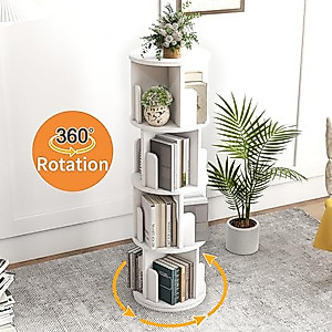 oneinmil 360° Rotating Bookshelf, Small Corner Bookcase with Small Footprint, 4 Tier Standing Bookcase for Kids&Adults, Wood Bookshelf Designed for Living Room, White