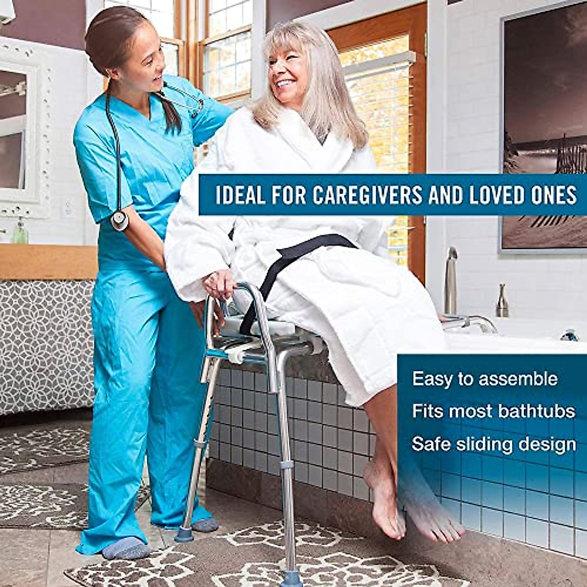 DMI Tub Transfer Bench and Shower Chair with Non Slip Aluminum Body, FSA Eligible, Adjustable Seat Height and Cut Out Access, Holds Weight up to 400 Lbs, Bath and Shower Safety, Transfer Bench