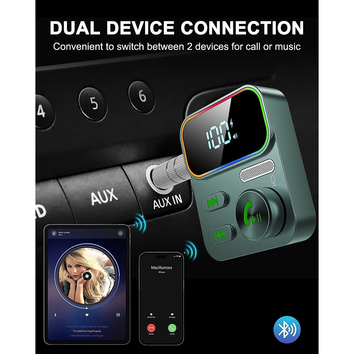 Bluetooth 5.3 Aux Receiver for Car, [Upgraded Enhanced Mic & LED Display] Bluetooth Car Adapter,Wireless Audio Receiver for Car/Home Stereo/Wired Headphones/Speaker,Hands-Free Call