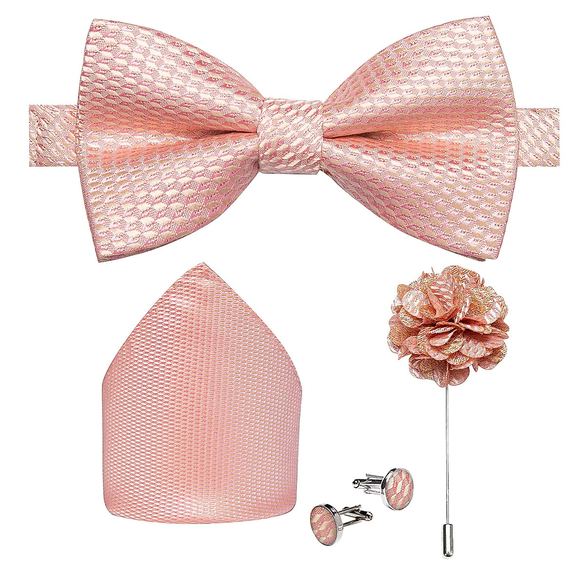 DiBanGu Men's Silk Pretied Bow Ties Adjustable Blush Pink Bowtie and Lapel Pin Handky Cufflinks Set for Husband Wedding