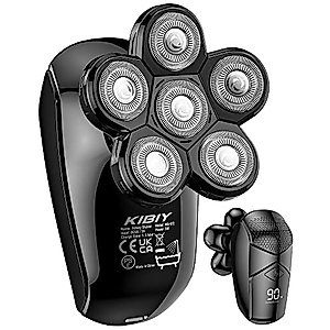 Head Shaver for Men, Kibiy 5-in-1 Head Shavers for Bald Men, Cordless LED Bald Head Shaver, IPX7 Waterproof 7D Rotary Shaver Grooming Kit with Nose Hair Trimmer Type-C Charge-Black