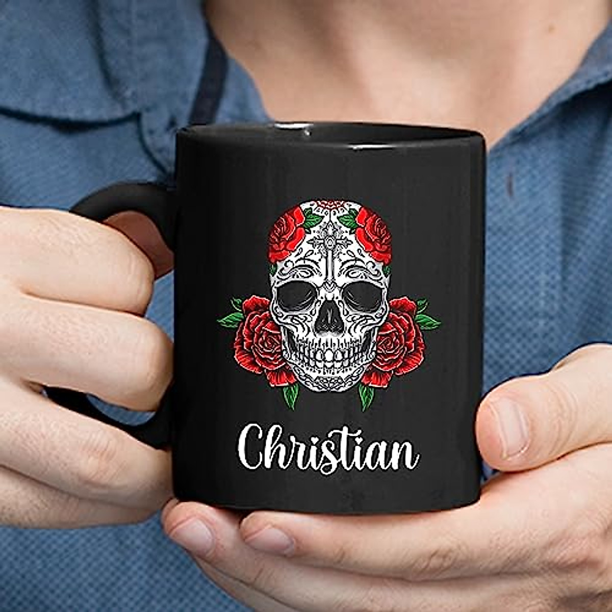 Esezon Name Mug, Skull Cup, Personalized Red Rose And Skull Coffee Mug, Gifts For Halloween, Skull Floral Ceramic Mug, Customized Skull Floral Cup Gifts For Him Her With Name, Black Cup 11oz or 15oz