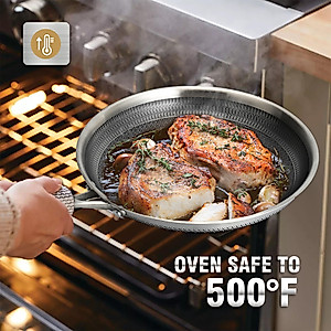 AuFranc® Hybrid Nonstick 9.5 Inch Stainless Steel Frying Pan, Induction Fry Pan with Honeycomb Carving, Non-stick Skillet Suitable for All Cooktops, Stay-Cool Handle, Non-Toxic, Dishwasher & Oven Safe