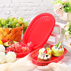 60 Pack Fast Food Baskets for Serving,10.5" x 7" Plastic Bread Baskets Oval Retro Storage Basket Bin Food Service Tray for Restaurant,Chip,Hot Dog,Burger,Sandwiches, BBQ, Picnic, Party (Red)
