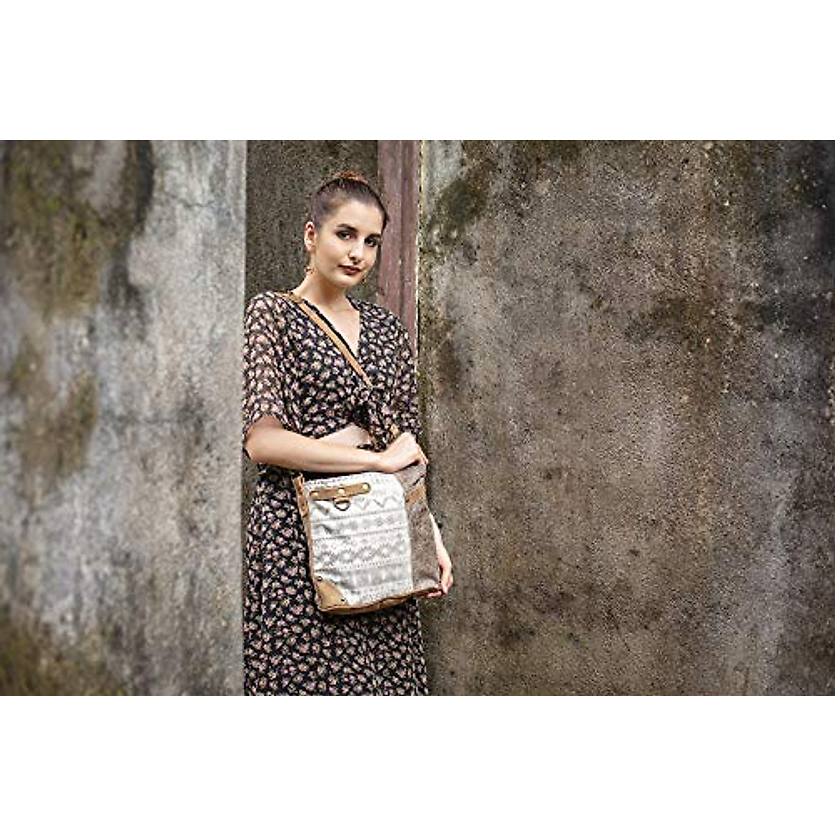 Myra Bag Floral Side Upcycled Canvas & Cowhide Leather Shoulder Bag S-1217