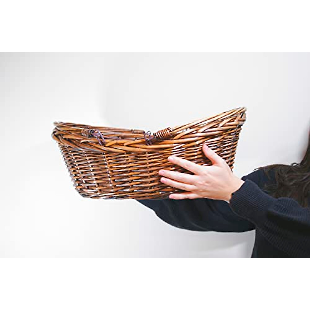 Wald Imports - Large Wicker Basket with Handle - Dark Brown Hand Woven Harvest Basket - Wicker Flower Basket for Storage, Picnics, Easter, Organizing, and More (20 x 7.5 inches)