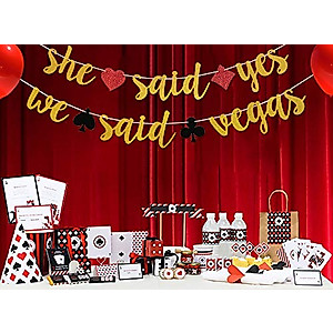 She Said Yes We Said Vegas Gold Glitter Banner Sign Garland Pre-strung for Las Vegas Bachelorette Party Decorations