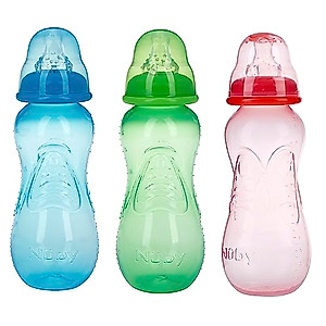 Nuby Non-Drip Standard Neck Bottles, 10 Ounce, Colors May Vary, 3 Count (Pack of 1)
