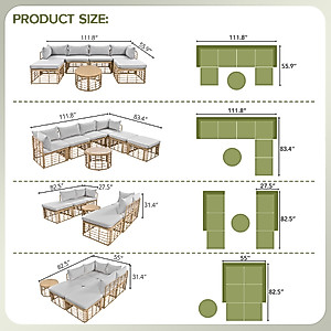 7 Pieces Outdoor Patio Furniture Sectional Sofa Set with Coffee Table, All-Weather Rattan Conversation Set with Thick Cushions and Pillows for Garden Backyard Balcony, Freely Combined (Grey-7S)