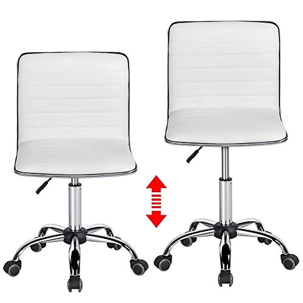 Yaheetech Adjustable Task Chair PU Leather Low Back Ribbed Armless Swivel Desk Chair Office Chair Wheels White, Set of 2